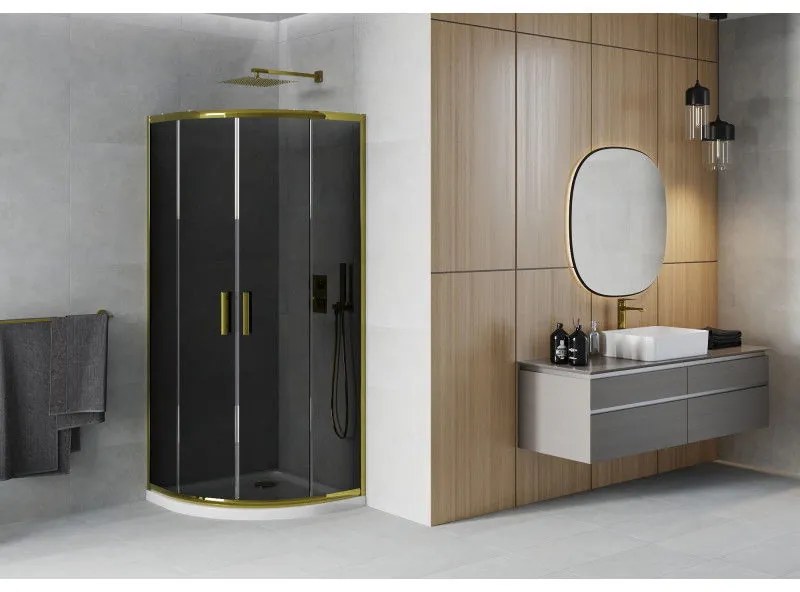 Mexen Rio, čtvrtkruhový sprchový kout s posuvnými dveřmi 80 (dveře) x 80 (dveře) x 190 cm, 5mm šedé sklo, zlatý profil + bílá sprchová vanička SLIM, 863-080-080-50-40-4110G
