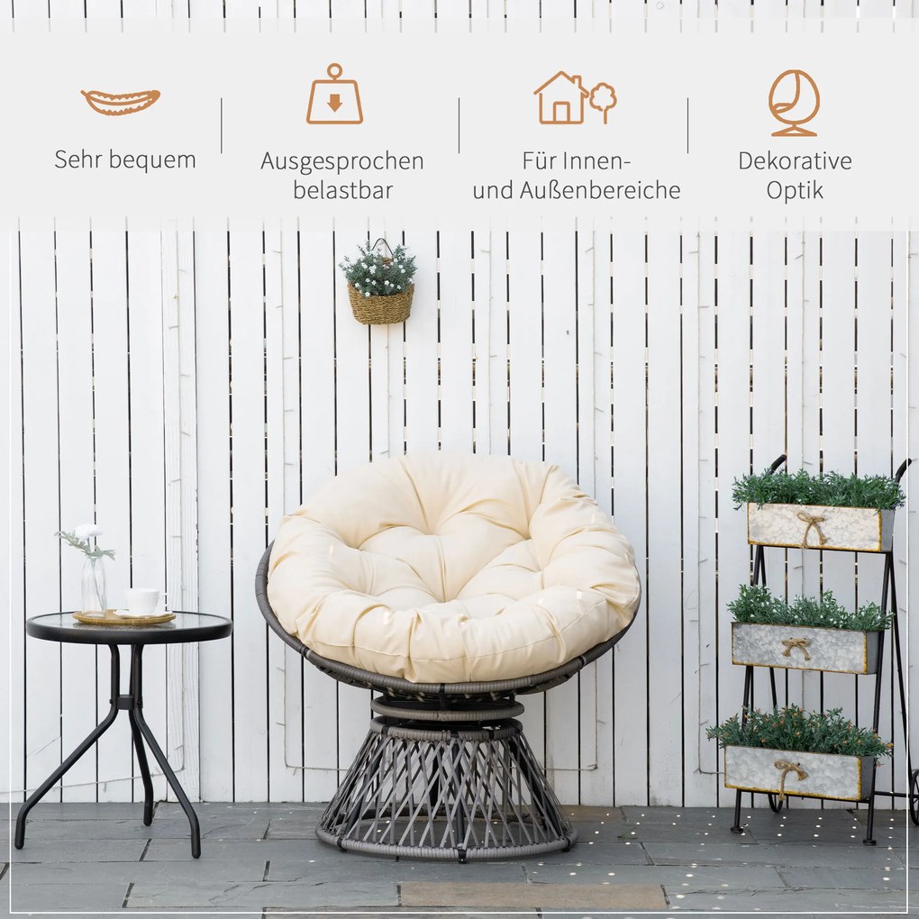 Outsunny papa křeslo Proutěné křeslo 360° polohovatelná skořepina se sedákem z umělého ratanu a kovovým rámem 87 x 97 x 86 cm Cream | Aosom.de