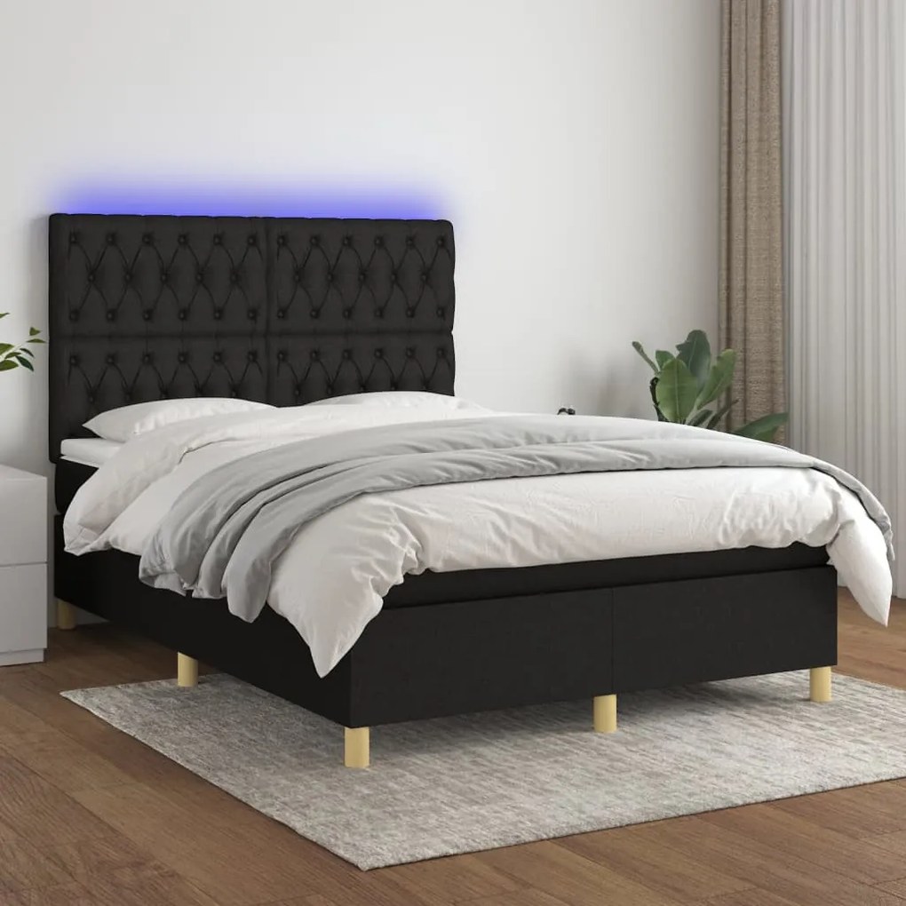Box spring postel s matrací a LED černá 140x190 cm textil