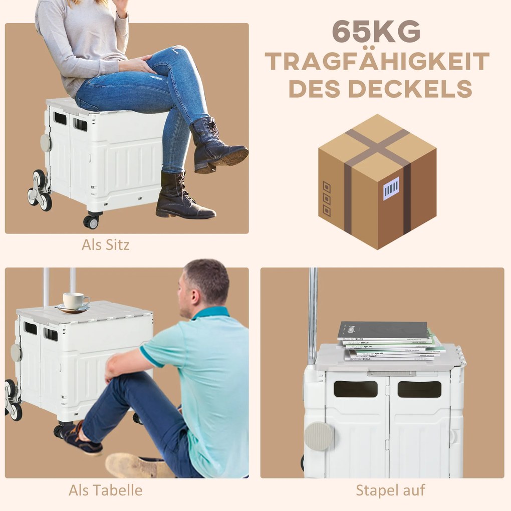 HOMCOM Skládací nákupní vozík s nastavitelnou teleskopickou rukojetí, schodolez do 80 kg, s víkem, bílý, na nákupy a cestování