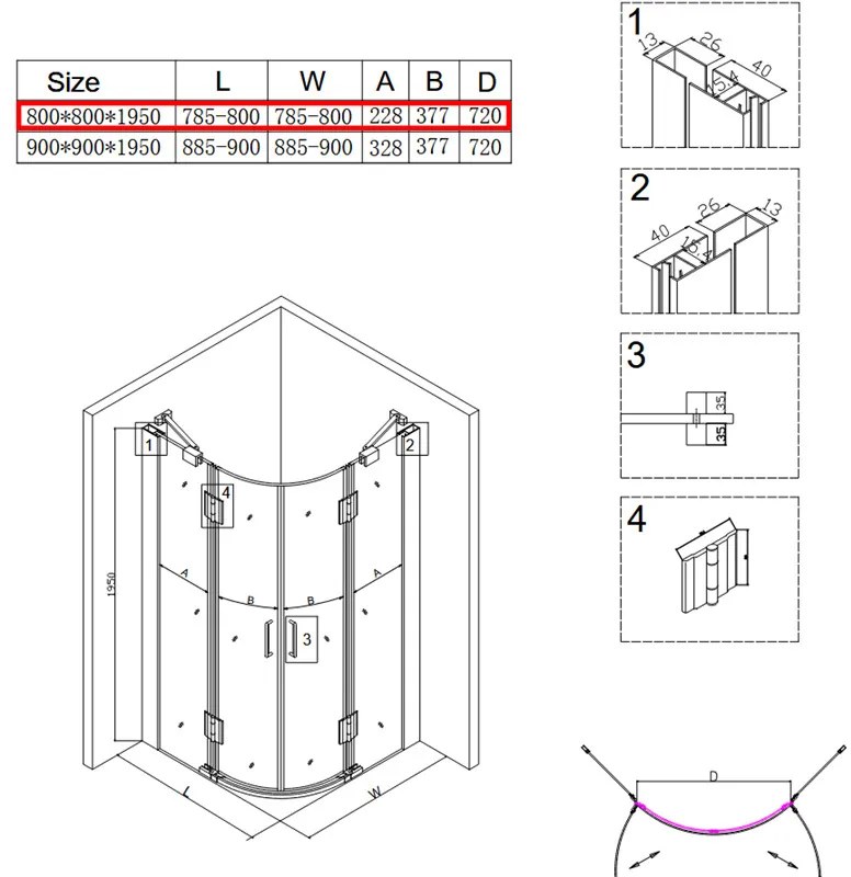 BPS-koupelny Čtvrtkruhový sprchový kout HYD-RK92A 80x80 chrom/transparent - bez vaničky