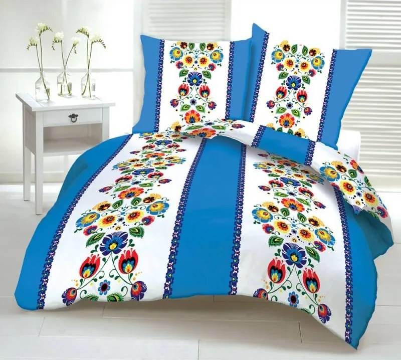 Povlečení bavlněné Folklór modrý pruh TiaHome - 1x Polštář 90x70cm, 1x Přikrývka 140x220cm