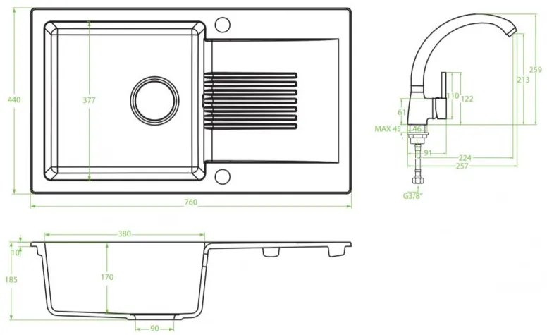 Laveo Ceilia, 1-komorový dřez 760x440x185mm + dřezová baterie, černá, LAV-SJCG711T