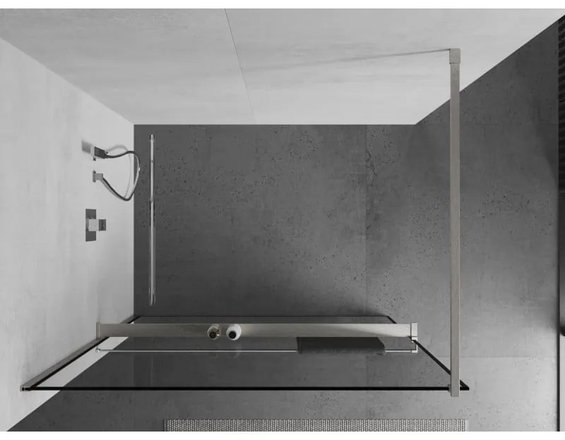 Mexen Kioto+, sprchová zástěna Walk-In s poličkou a věšákem 130 x 200 cm, 8mm čiré sklo černý vzor, broušená ocel profil, 800-130-121-97-70