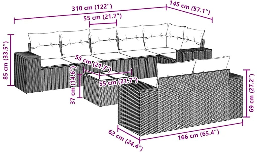 9dílná zahradní sedací souprava s poduškami černá polyratan 3255163