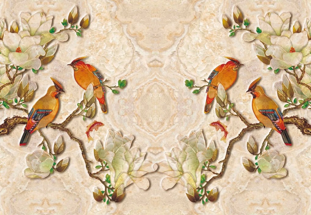 Fototapeta - Ptáci, mramorový dekor (245x170 cm)