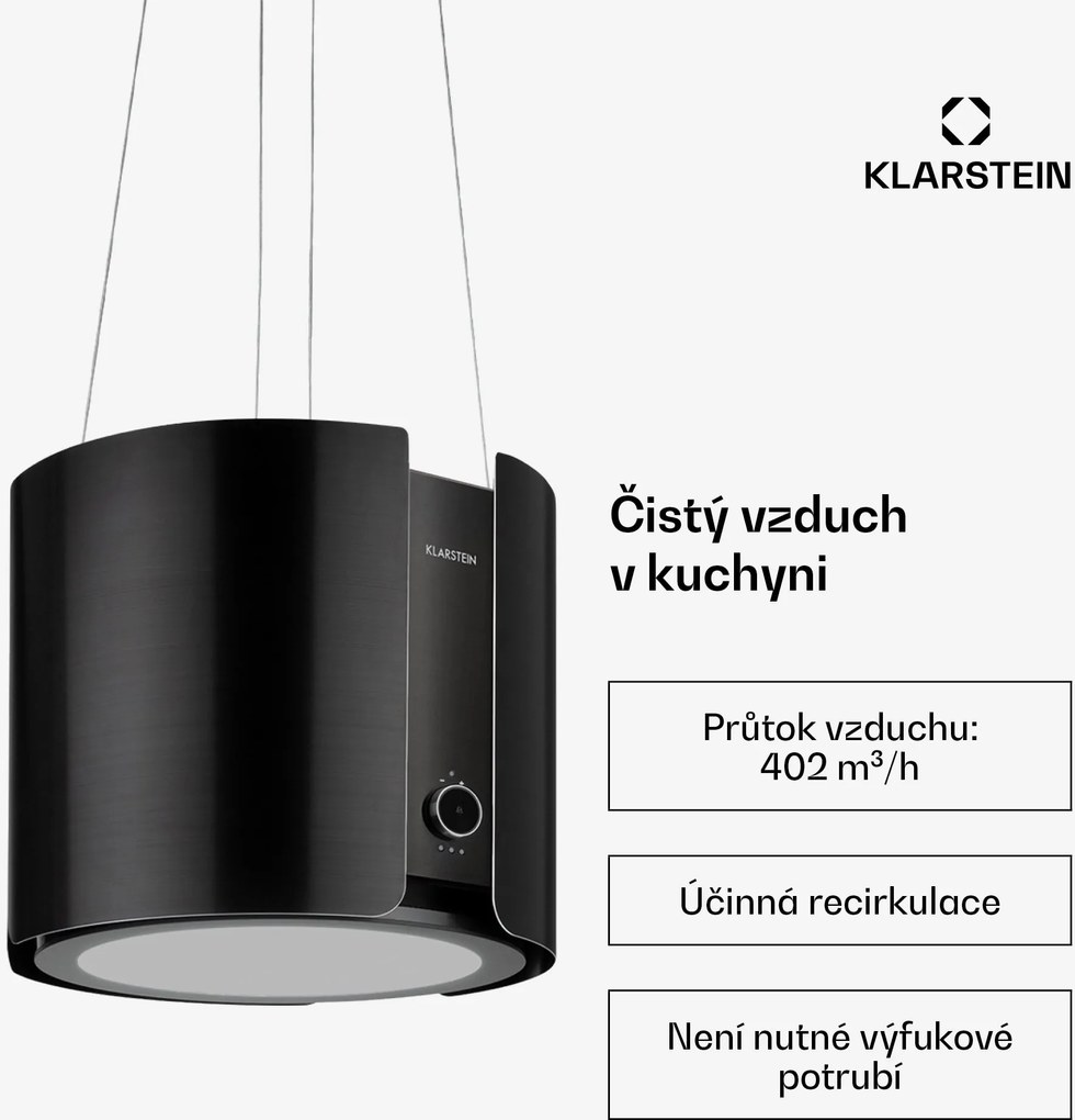 Klarstein Skyfall, digestoř, 45 cm, ostrůvková, 402 m³/h, LED, nerezová ocel, černá