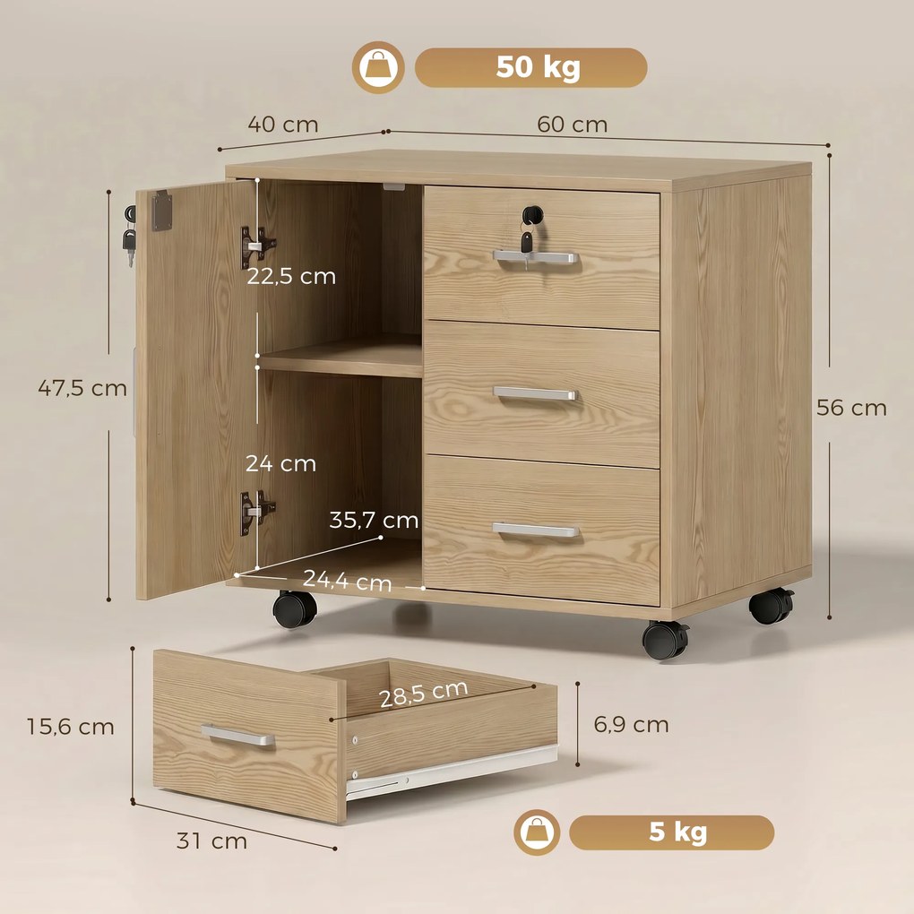 HOMCOM pojízdný kontejner do kanceláře, zamykatelný úložný nábytek se 3 zásuvkami a nastavitelnou vloženou policí, s kolečky, 40 x 60 x 56 cm, světle…