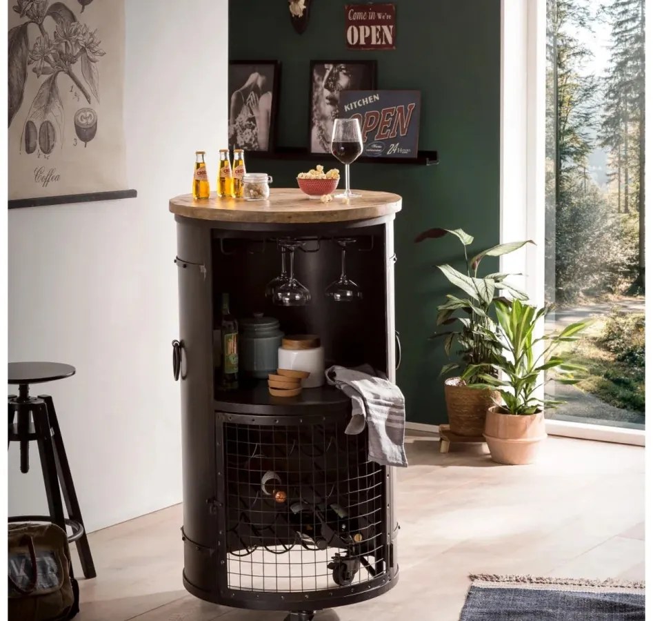 furniture-nabytek.cz - Masivní barový stůl Yordaneshire z mangového dřeva a kovu, lakovaný, černý – kulatý
