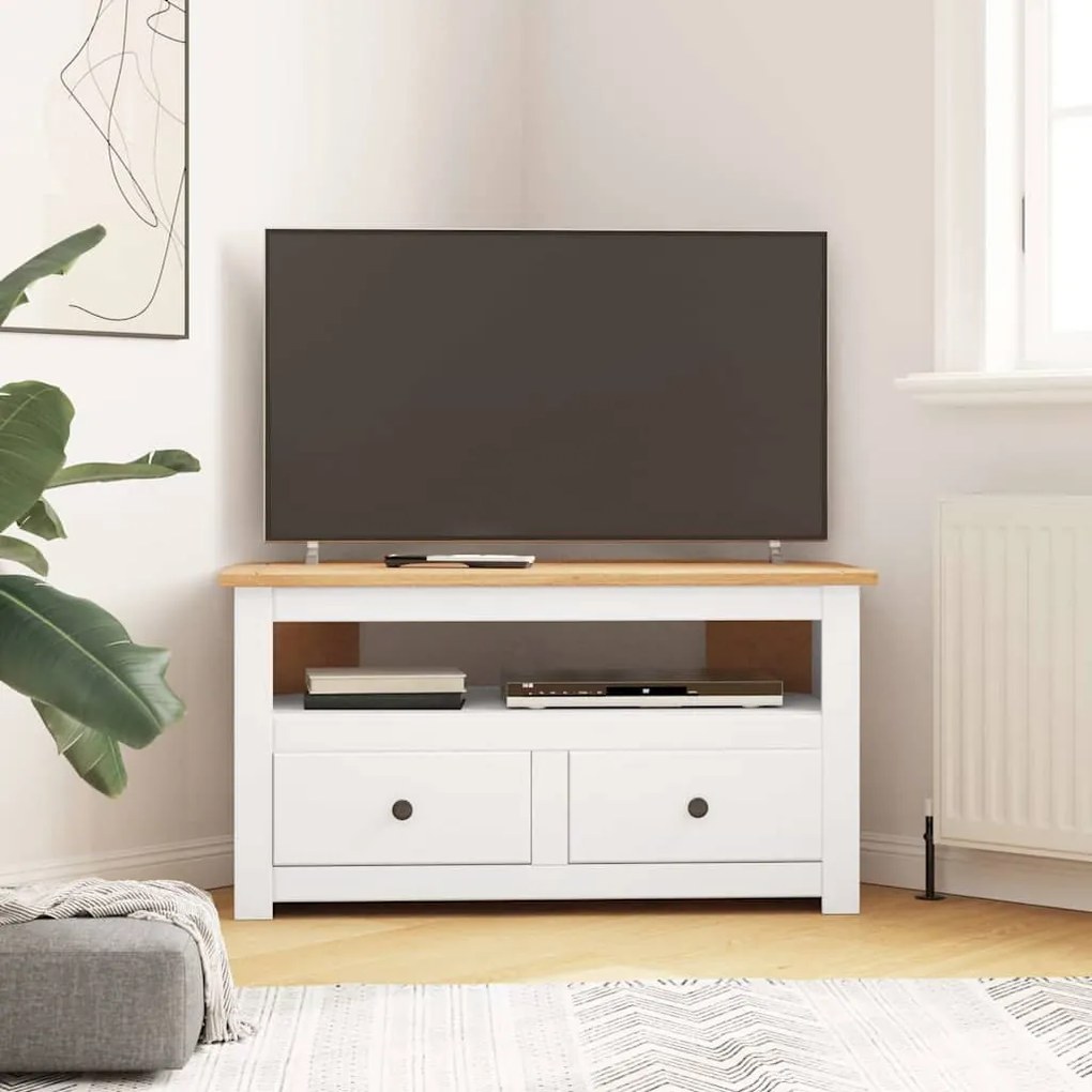 Rohová TV skříňka bílá 93x49x49 cm masivní borovice řada Panama 282687