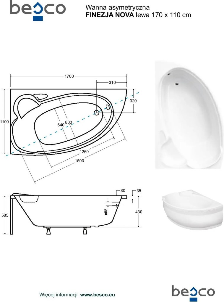Besco FINEZJA NOVA 170 x 110 cm VANFINN170L vana bez nožiček levá
