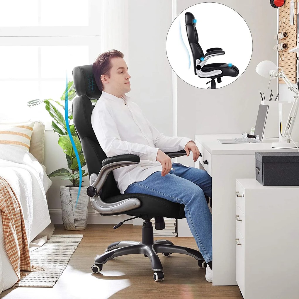 Ergonomická otočná židle, kancelářská židle se skládacími rameny, černá