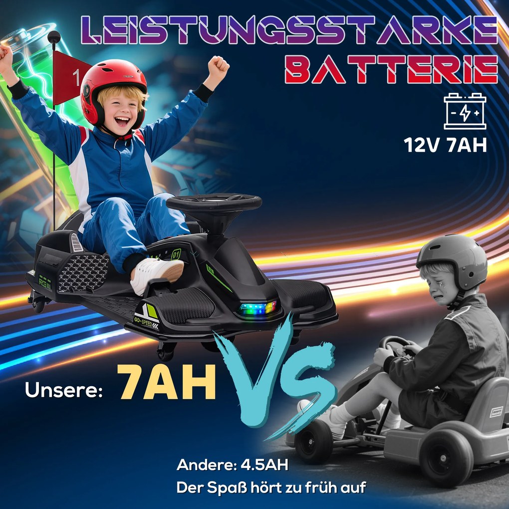 HOMCOM Dětský elektrický go-kart 12V 3-8 km/h Drift Kart s režimem driftu, pomalým startem, go-kartem s osvětlením a hudbou, bezpečnostním pásem pro …