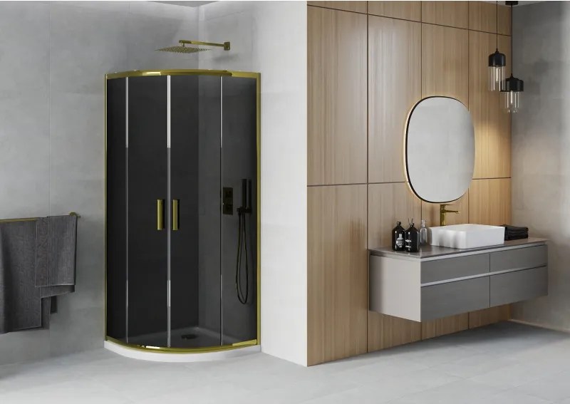 Mexen Rio, čtvrtkruhový sprchový kout s posuvnými dveřmi 80 (dveře) x 80 (dveře) x 190 cm, 5mm šedé sklo, zlatý profil + bílá sprchová vanička SLIM, 863-080-080-50-40-4110G