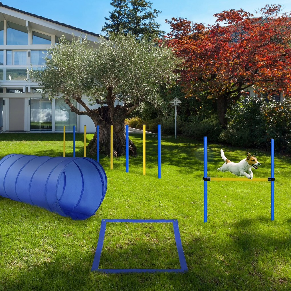 Tréninková sada PawHut agility slalomové překážky tunelové cvičiště pro psí sporty z PE a polyesteru v modré a žluté barvě pro aktivní psy