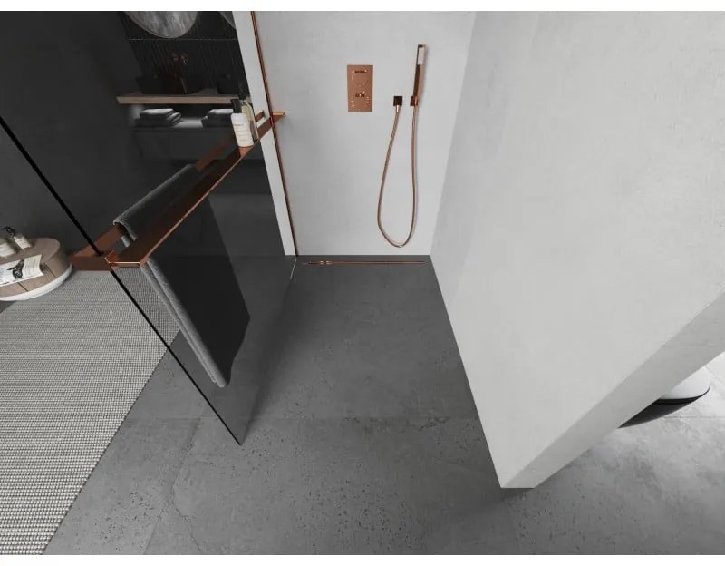 Mexen Kioto, sprchová zástěna Walk-in s poličkou a věšákem 135 x 200 cm, 8mm čiré sklo, profil růžové zlato, 800-135-121-60-00