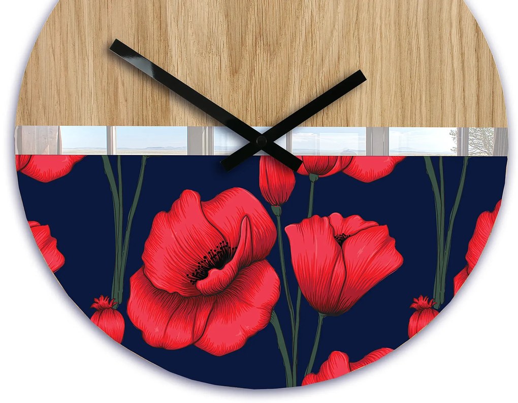 Dřevěné nástěnné hodiny Máky 33 cm dub přírodní/červené