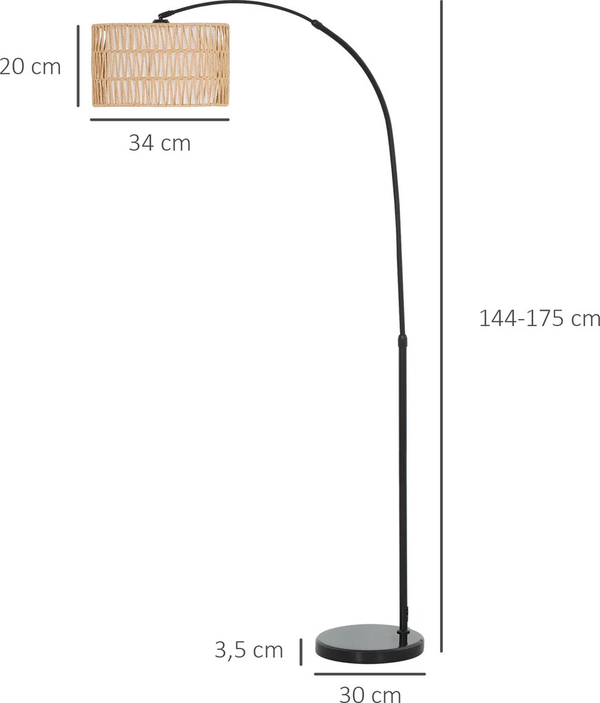 HOMCOM Stojací lampa s kloboukem z konopného provazu, výškově nastavitelná, nožní spínač, kov, černá