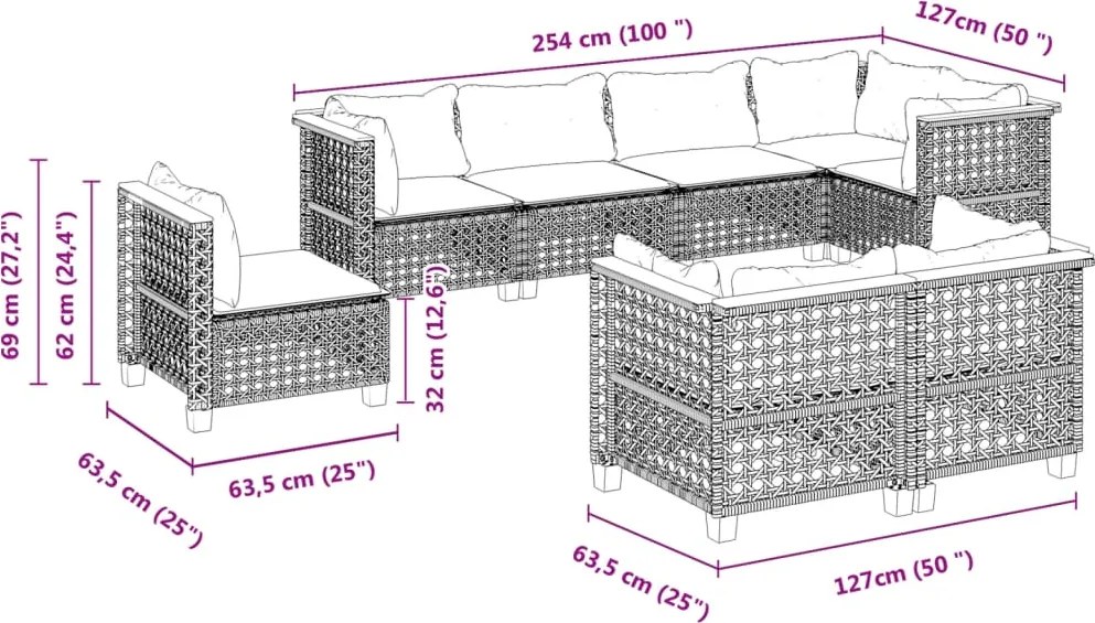 8dílná zahradní sedací souprava s poduškami šedá polyratan 3261903