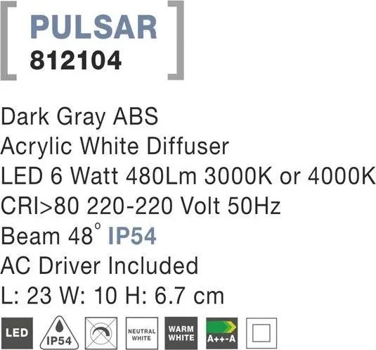 NV 812104 Venkovní nástěnné svítidlo PULSAR tmavě šedý ABS akrylový bílý difuzor LED 6W 3000K nebo 4000K 220-220V 48st. IP54 - NOVA LUCE