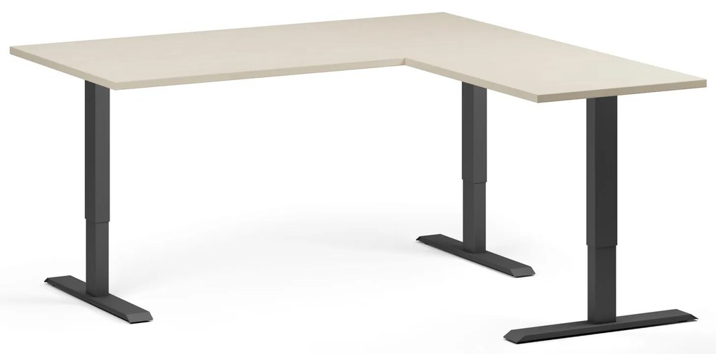 Rohový výškově nastavitelný stůl, 160x160 cm, 3 motory, L/P, černá podnož, bříza