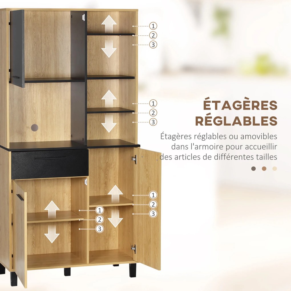 HOMCOM Kuchařský bufetový kabinet s více úložným prostorem, 1 zásuvkou, 3 skříňkami, 4 policemi a spravováním kabelů, výška 180 cm