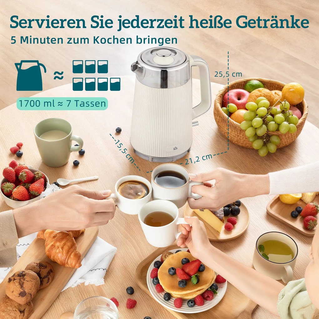HOMCOM Varná konvice 2200 W, 1,7 l s funkcí rychlého vaření, filtr proti vodnímu kameni a toustovač na 4 plátky s 7 stupni opékání, krémová