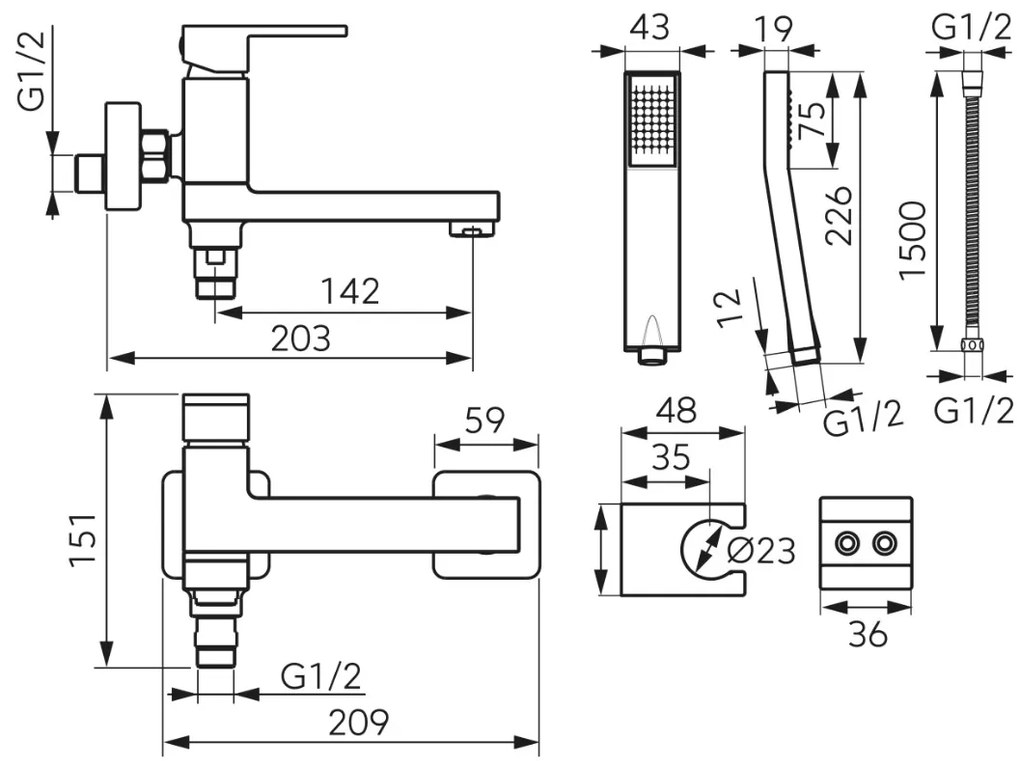 FERRO Zicco, vanová baterie s otočnou výlevkou a sprchovou sadou, chromová, BZI11R