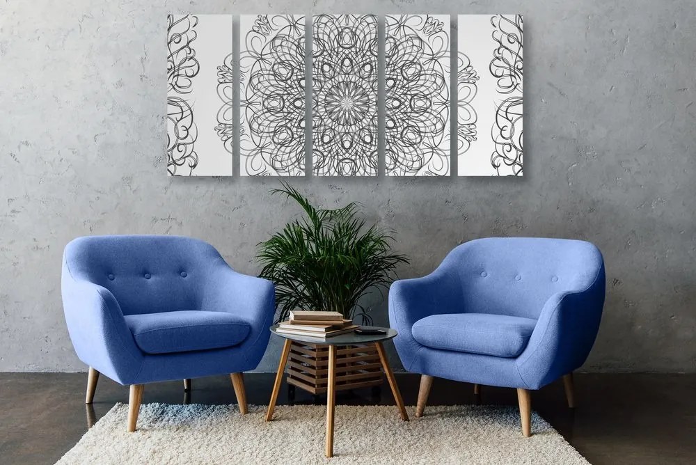 5-dílný obraz abstraktní květinová Mandala v černobílém provedení - 100x50 cm