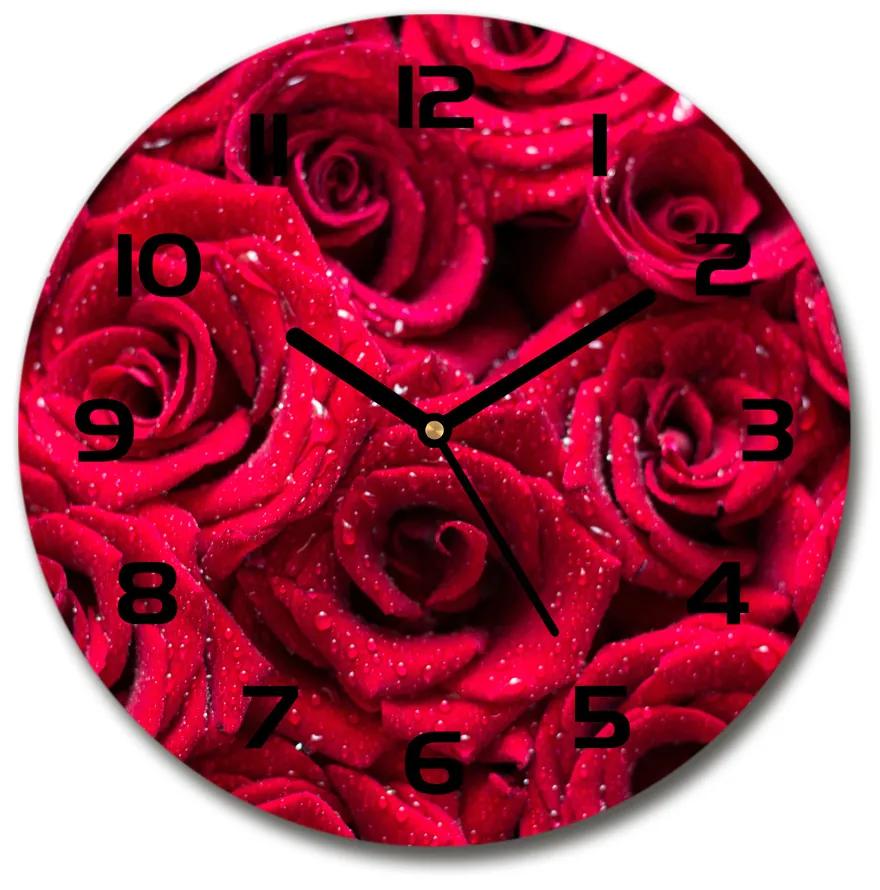 Wallmuralia Skleněné hodiny kulaté Kapky na růžích fi 30 cm