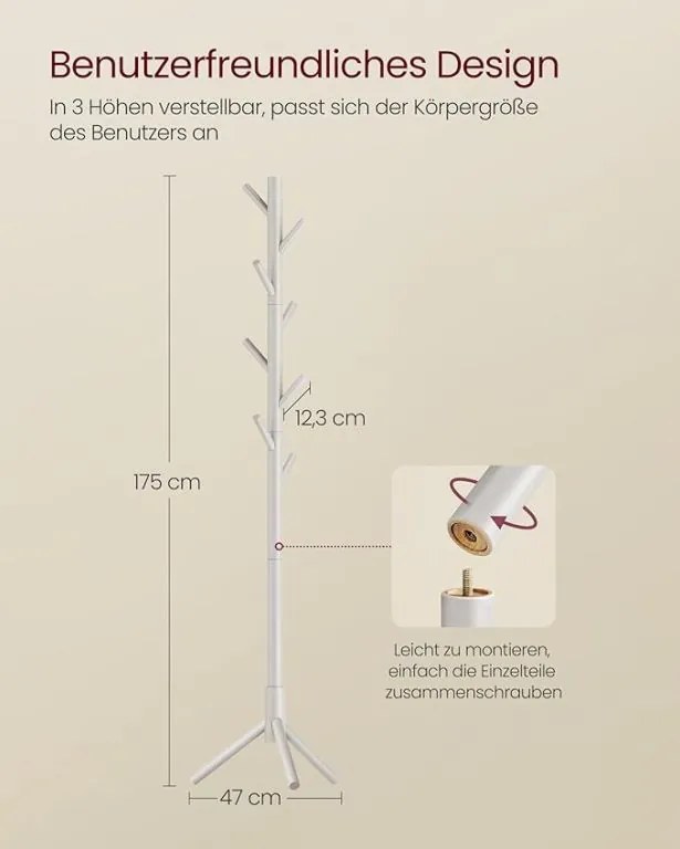 Dřevěný věšák na kabáty 175 cm, 8 háčků, béžový, samostojný
