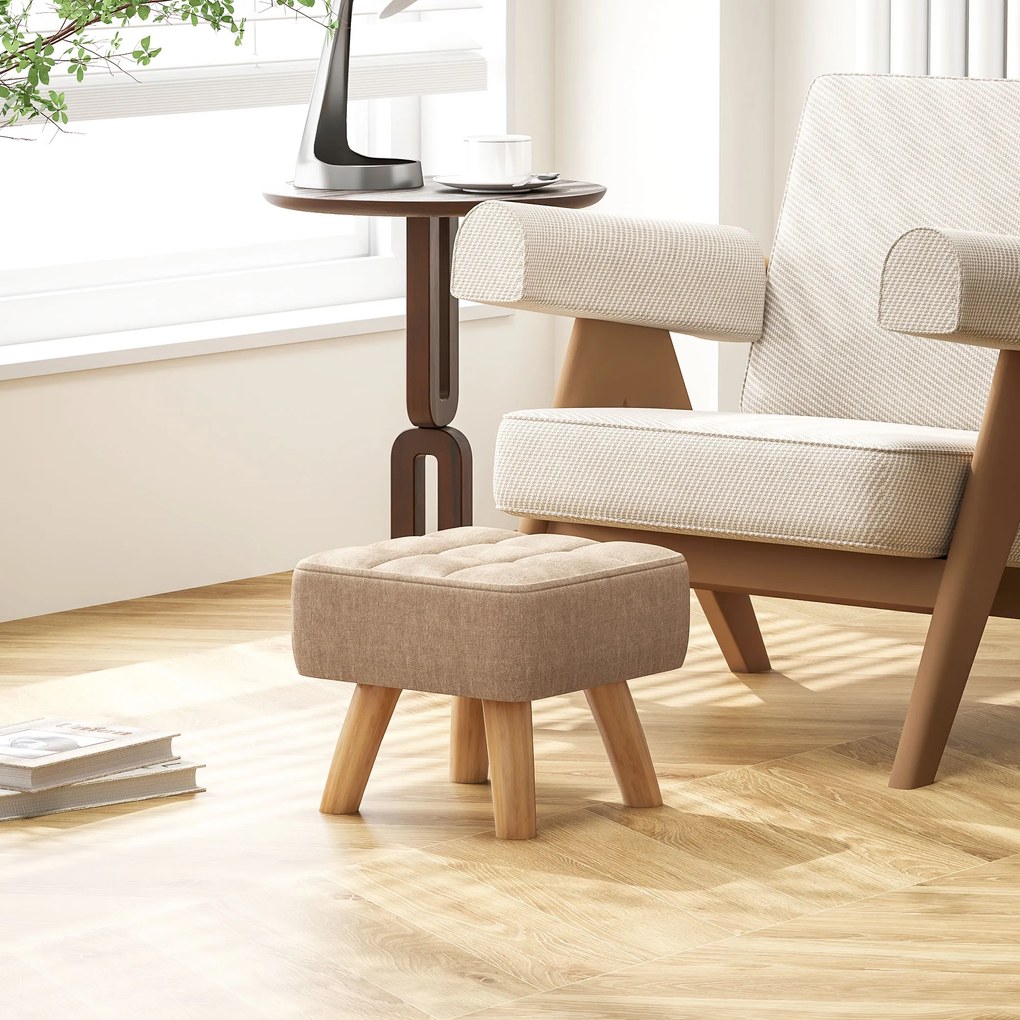 HOMCOM Hnědý Taburet s Vzhledem Len, Dřevěné Nožky, Moderní Polstrovaný Otoman pro Ložnici a Obývací Pokoj