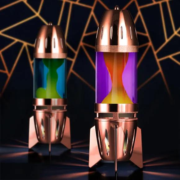 Mathmos Fireflow R1 Copper, originální lávová lampa měděná s modrou tekutinou a žlutou lávou, pro čajovou svíčku, výška 24cm