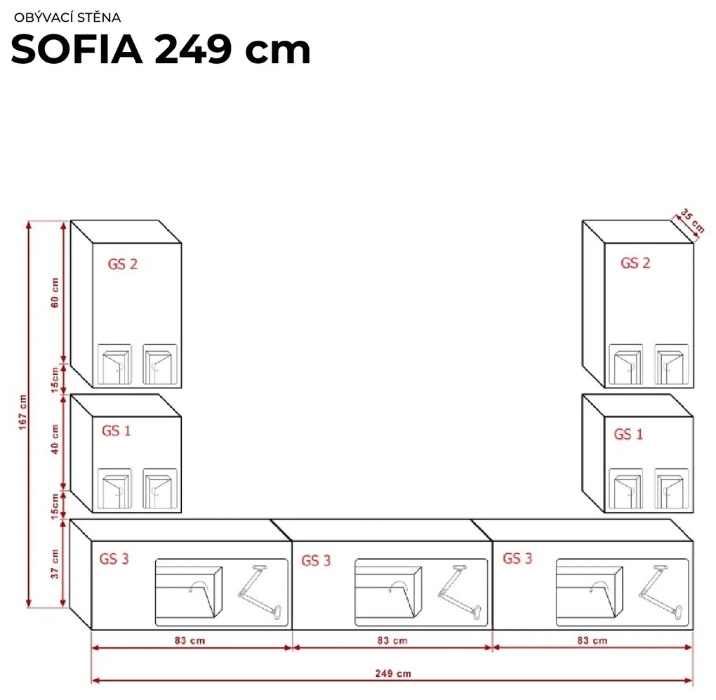 Ral Obývací stěna SOFIA 1, 249 cm - Bílý lesk