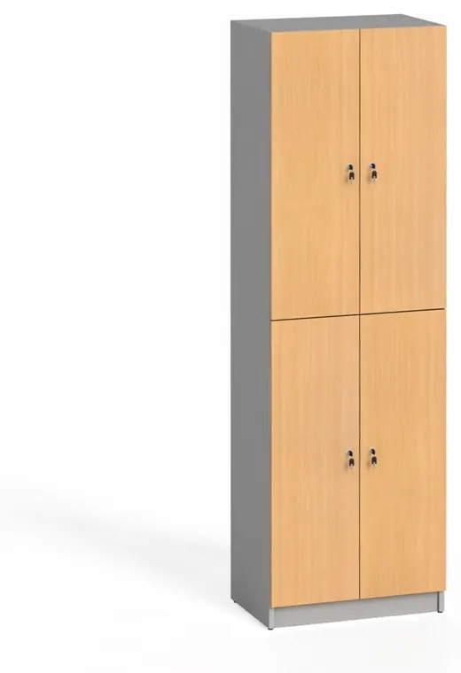 Dřevěná šatní skříňka, 4 dveře, cylindrický zámek, šedá / ořech