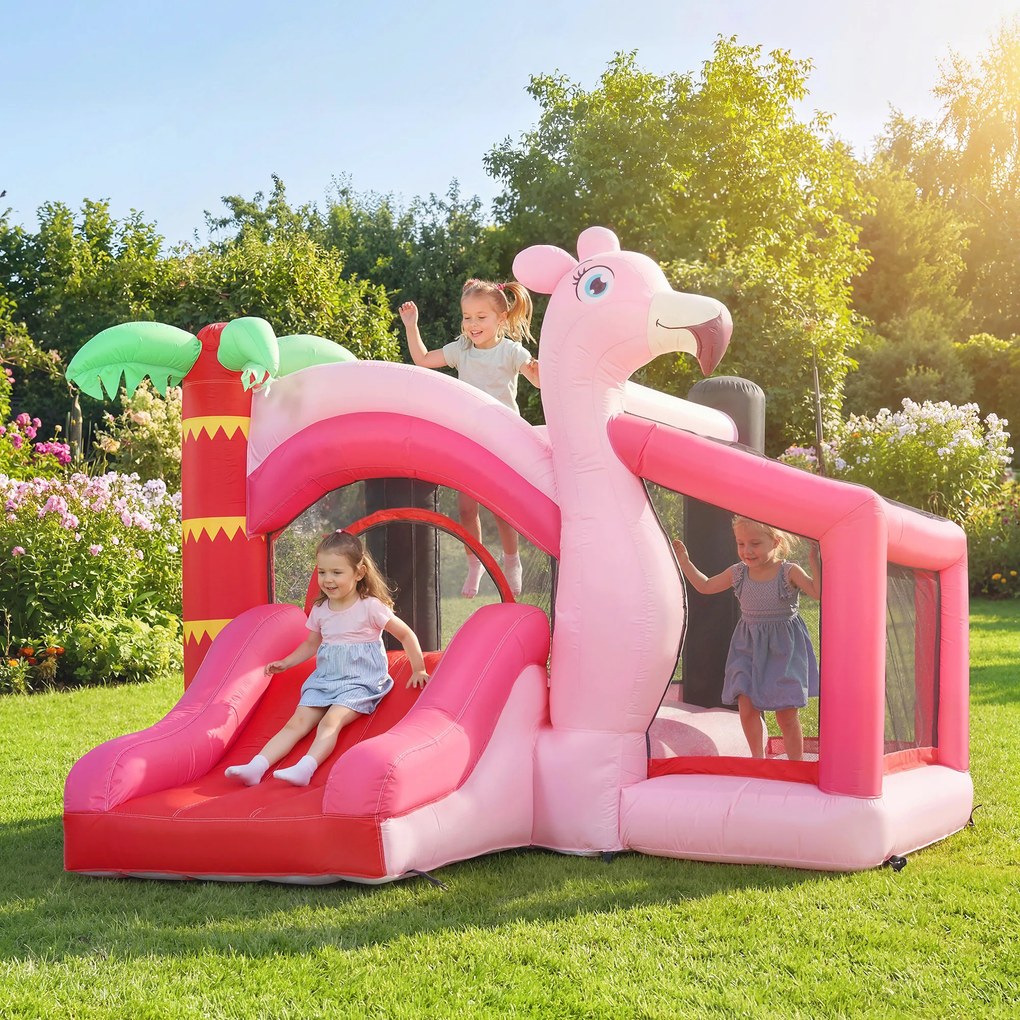 AIYAPLAY Skákací hrad pro děti s ventilátorem, skluzavkou, trampolínou, bazénkem s míčky, košem na basketbal, 255x230x196 cm