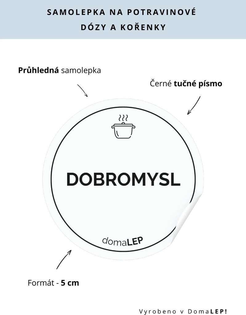 Samolepka na kořenky DOBROMYSL průhledná 5 cm tučné písmo