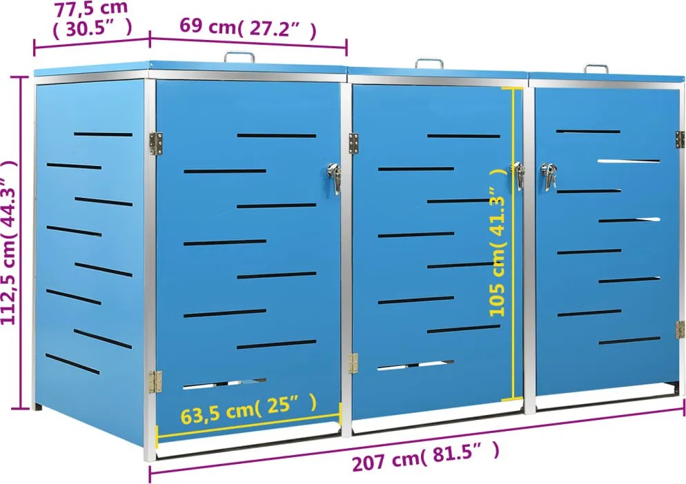 vidaXL Přístřešek na tři popelnice 207 x 77,5 x 112,5 cm nerezová ocel [149560] Barva: Šedá