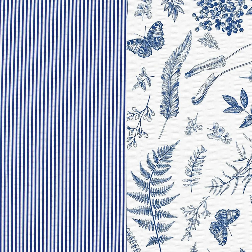 Krepové prodloužené povlečení V kapradinách s pruhem - bílomodrá Velikost: 140 x 220 + 70 x 90