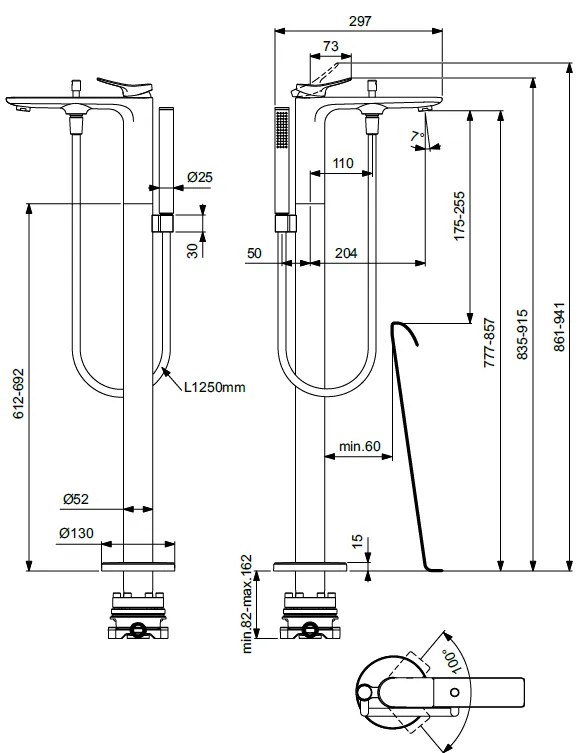 Ideal Standard Conca - Vanová baterie volně stojící, magnetově šedá BD460A5