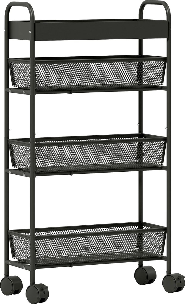 HOMCOM 4patrový úložný vozík, pojízdný vozík, 3 vysouvací koše, horní přihrádka 19 x 43,2 x 80 cm černá