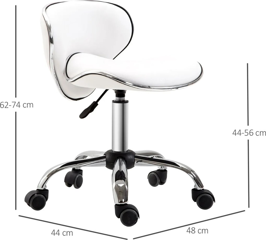 HOMCOM Rolling Stool Pracovní Stolička s Nastavitelnou Výškou 44-56 cm a Opěradlem, 360° Otočná Kancelářská Stolička pro Masážní Salón, Kancelář, Kli…