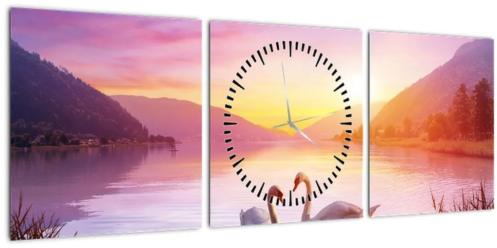 Obraz zamilovaných labutí (s hodinami) (90x30 cm)