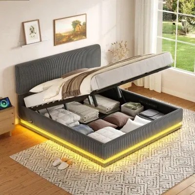Aosom Moderní, čalouněná postel o rozměrech 180 x 200 cm, vybavená LED světly a USB-C nabíjením, výškově nastavitelným čelem, stabilním pruhovaným rá…