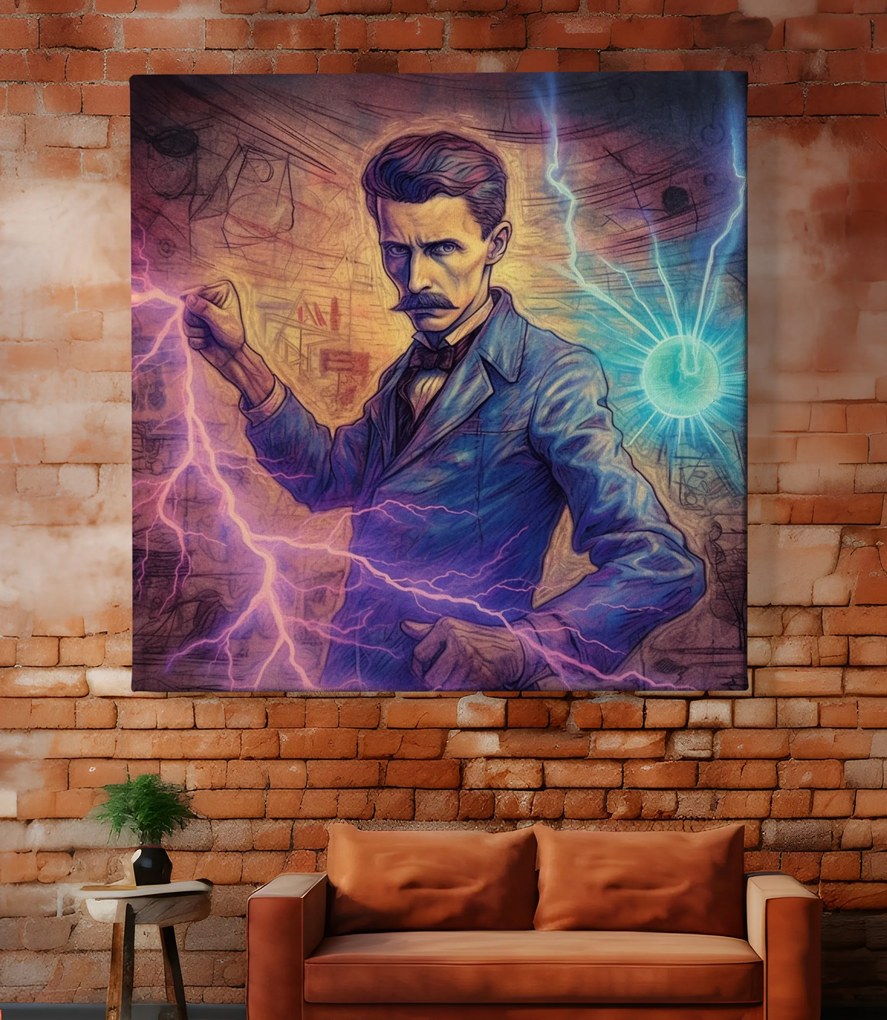 Obraz na plátně - Nikola Tesla pán blesků FeelHappy.cz Velikost obrazu: 100 x 100 cm