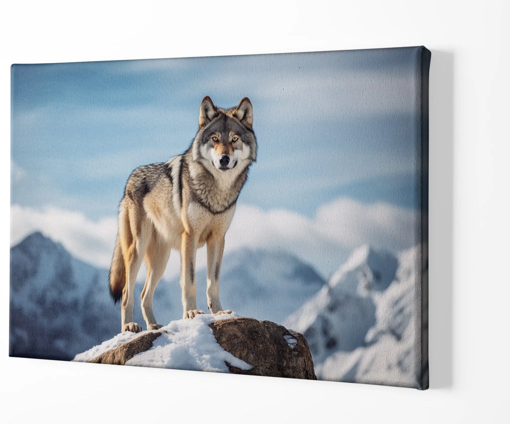 Obraz na plátně - Vlk hlídkuje na skále za krásného horského dne FeelHappy.cz Velikost obrazu: 210 x 140 cm