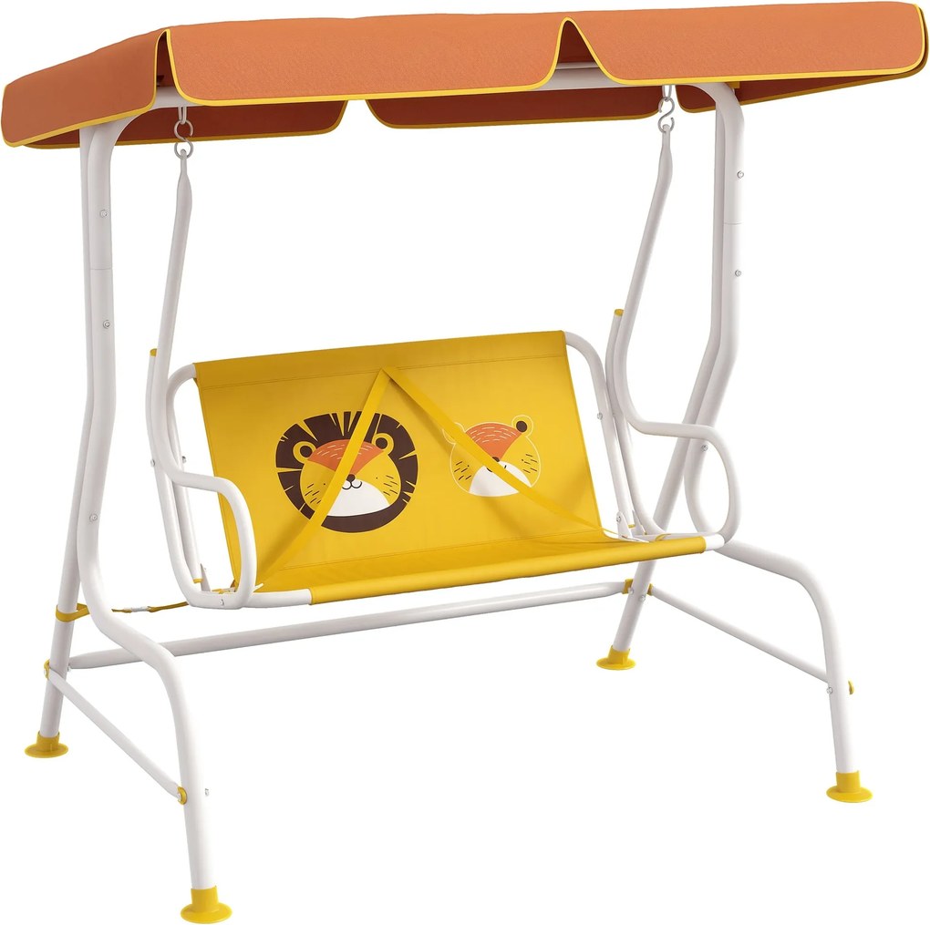 Dětská houpačka Outsunny do zahrady s nastavitelnou stříškou a vzorem lva, nosnost 60 kg, rozměry 110x70x110 cm, žlutá | Aosom