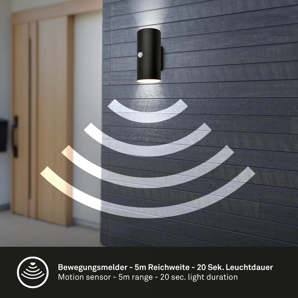 BRI 3787015 Lima LED venkovní nástěnné svítidlo, pohybové čidlo, soumrakový senzor, nabíjecí, černá - BRILONER