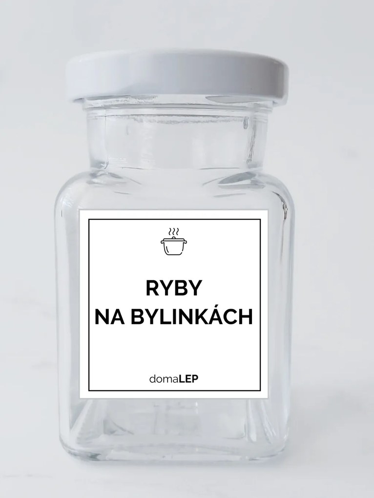 Samolepka na kořenky RYBY NA BYLINKÁCH bílá 5 × 5 cm tučné písmo