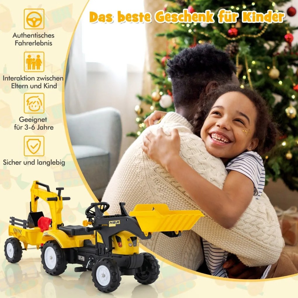 Costway 3 v 1 dětský buldozer bagr se 6 koly – 178 × 42 × 60 cm, žluť